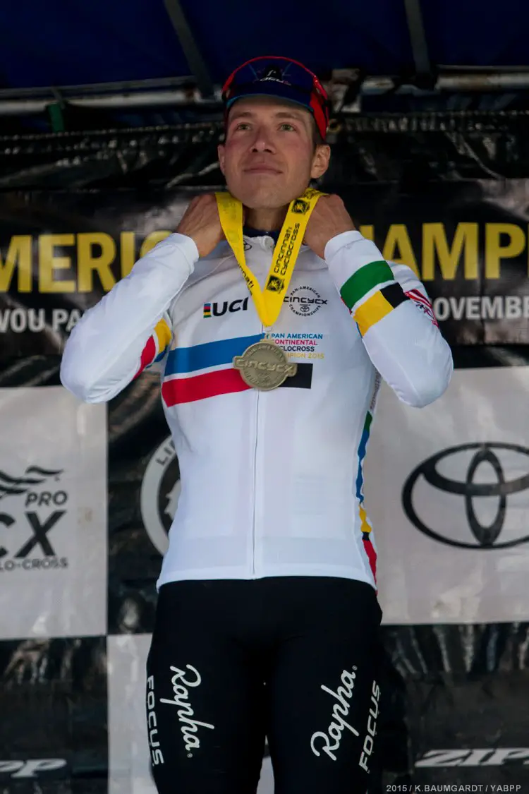 Jeremy Powers tries on the Pan-American Champion's jersey for size ...