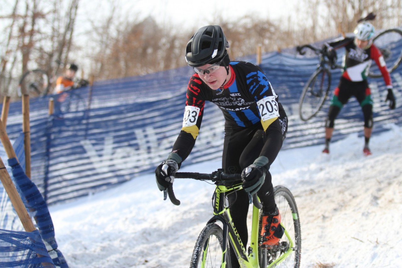 Lane Maher navigates through the snow on the chicane. 2017 Cyclocross ...