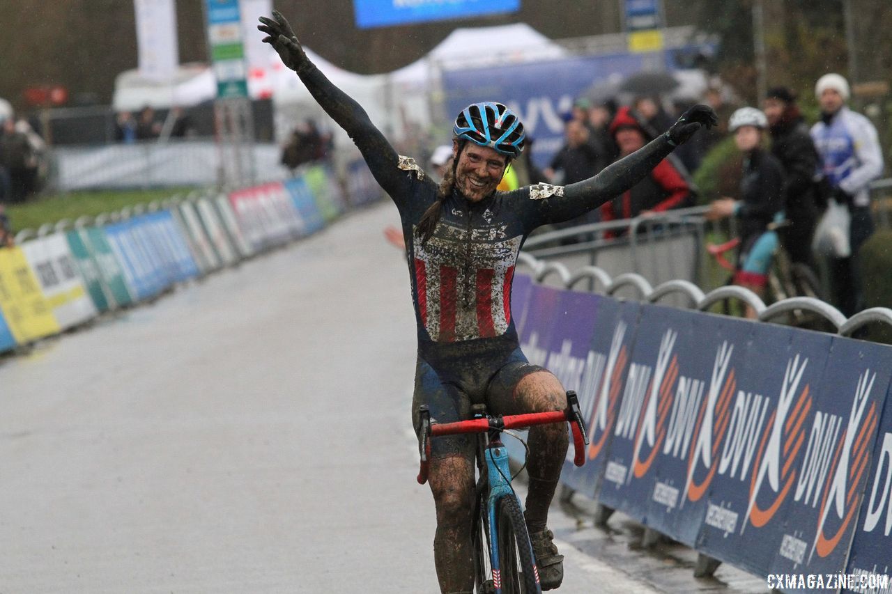 Katie Compton celebrates her win in Baal. 2018 GP Sven Nys Baal. © B ...