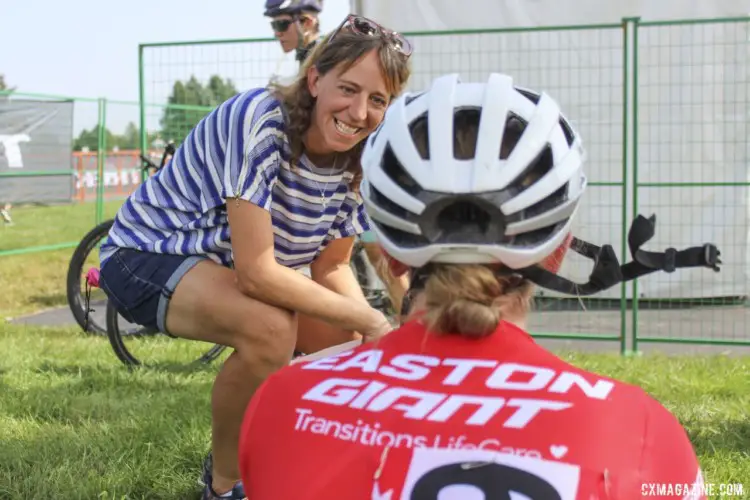 Helen Wyman chats with winner Bridget Tooley after the race. 2019 ...